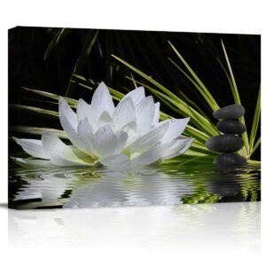 canvas wall art - white lotus and black zen stones picture - modern wall decor gallery canvas wraps giclee print stretched and framed ready to hang - 24" x 36"