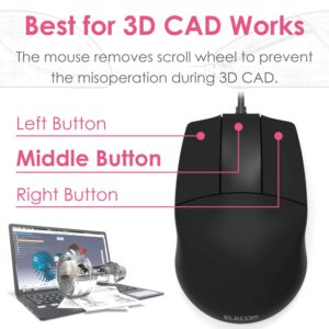 ELECOM -Japan Brand- Wired Connection, Basic 3D-CAD Mouse, No Scroll Wheel, 3 Button Computer Mouse with Smooth Optical Tracking, Blue LED, 600/1200 DPI, for Windows/Mac (M-CAD01UBBK)