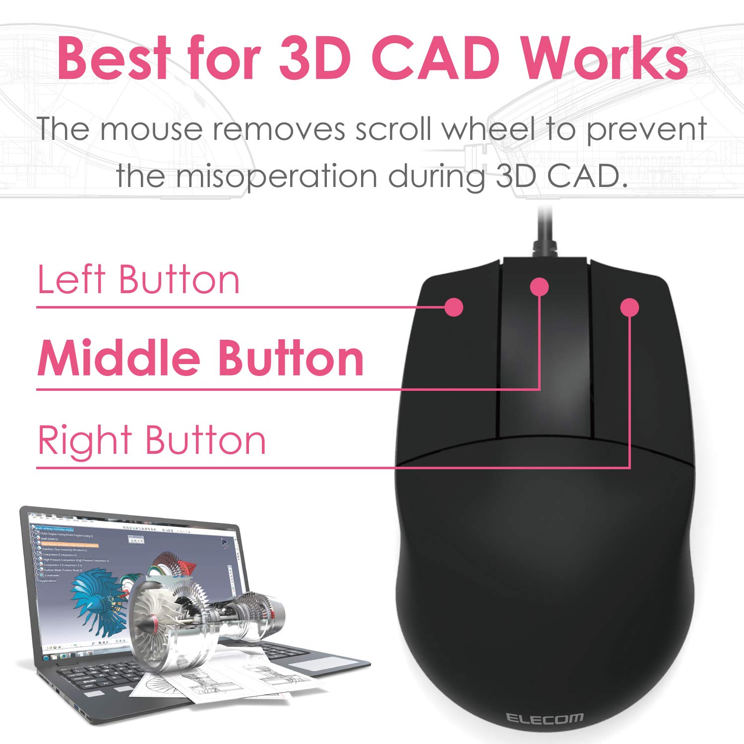 ELECOM -Japan Brand- Wired Connection, Basic 3D-CAD Mouse, No Scroll Wheel, 3 Button Computer Mouse with Smooth Optical Tracking, Blue LED, 600/1200 DPI, for Windows/Mac (M-CAD01UBBK)