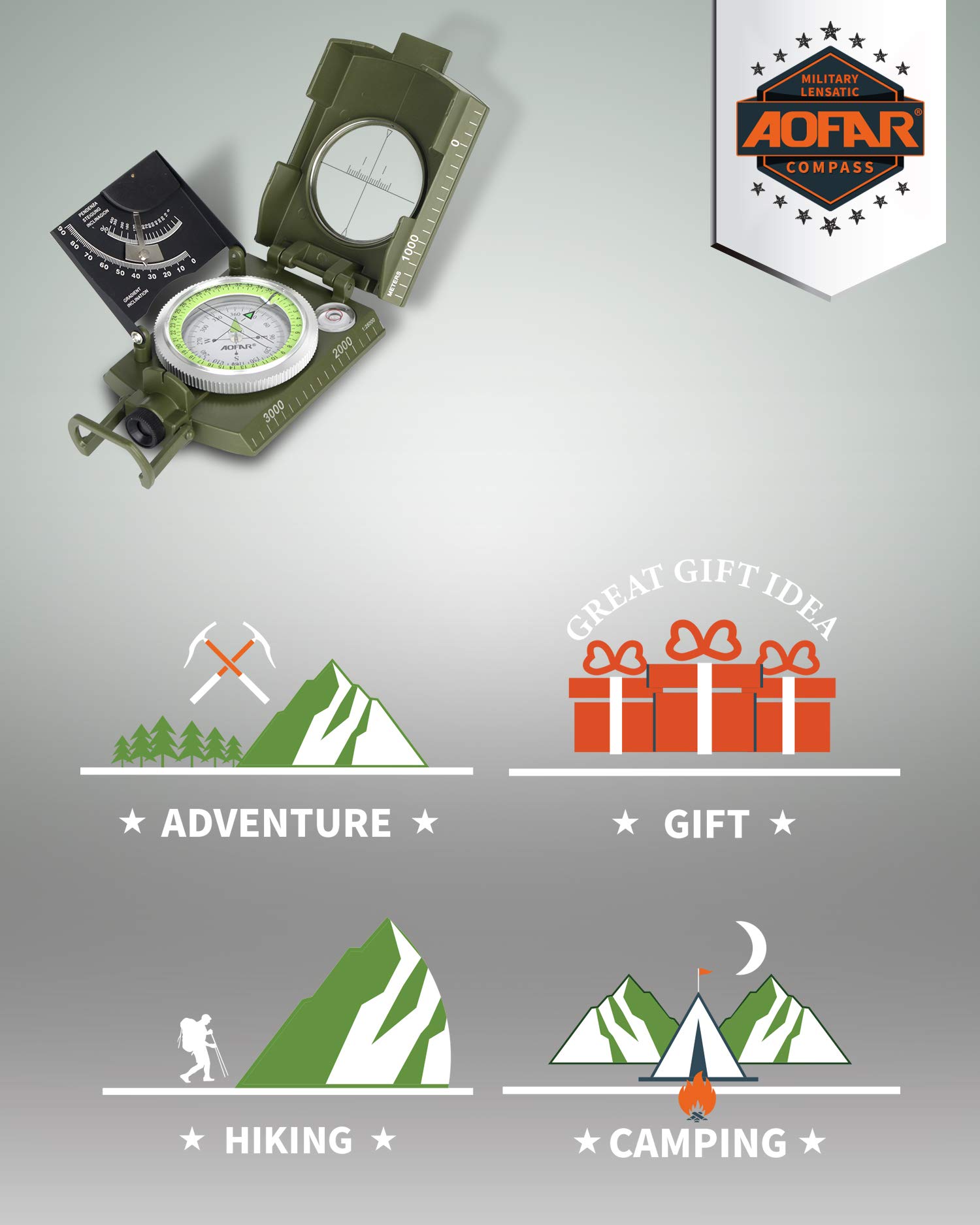 AOFAR Military Compass AF-4074 Camo for Hiking,Lensatic Sighting Waterproof,Durable,Inclinometer for Camping,Boy Scount,Geology Activities Boating