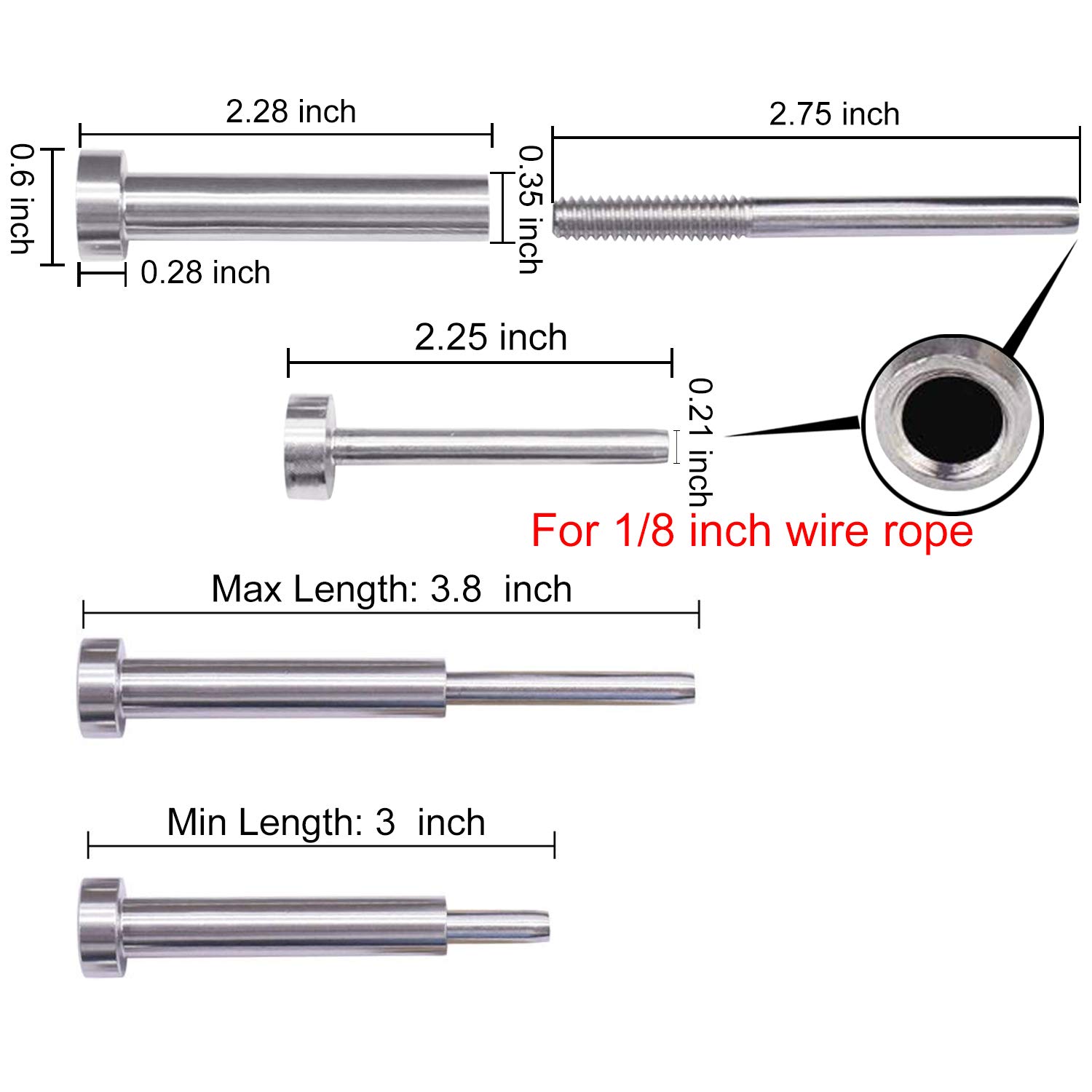 CKE Cable Railing kit Invisible Turnbuckle 1/8" 20 Pairs Swage Threaded Stud Hex Head Fitting Receiver Terminal for Wood & Metal Post