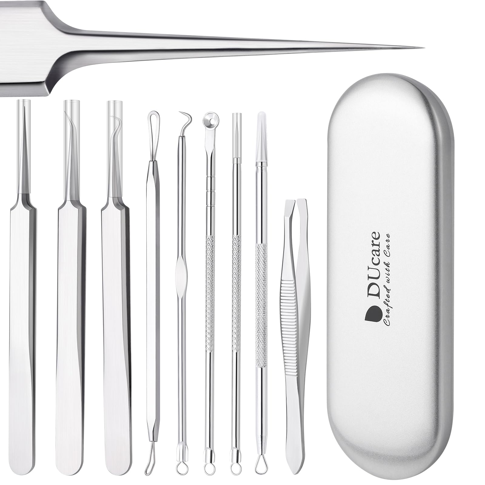 DUcare Blackhead Remover Tools 9 Pcs Pimple Popper Tool Kit with Metal Case for Pimples, Blackheads, Zit Removing, Forehead