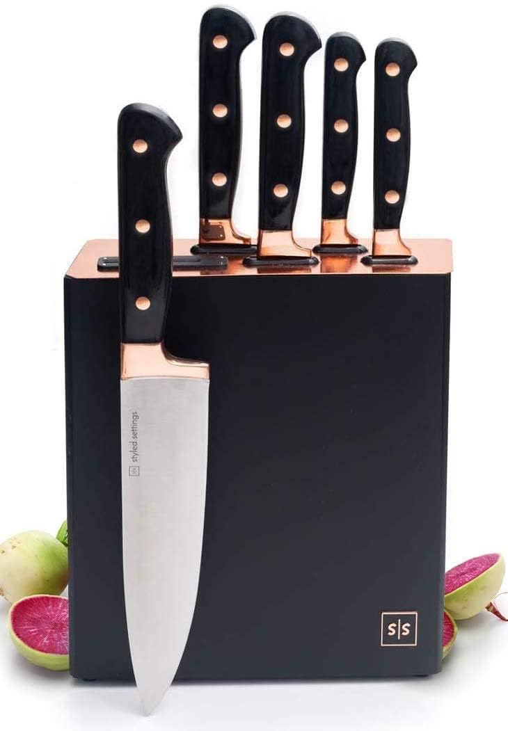 Copper Knife Set, A Knife Set with Sharpener Built-In, Upright 7-Piece Rose Gold Knife Set - Self Sharpening Knife Set With Block, Rose Gold Kitchen Accessories