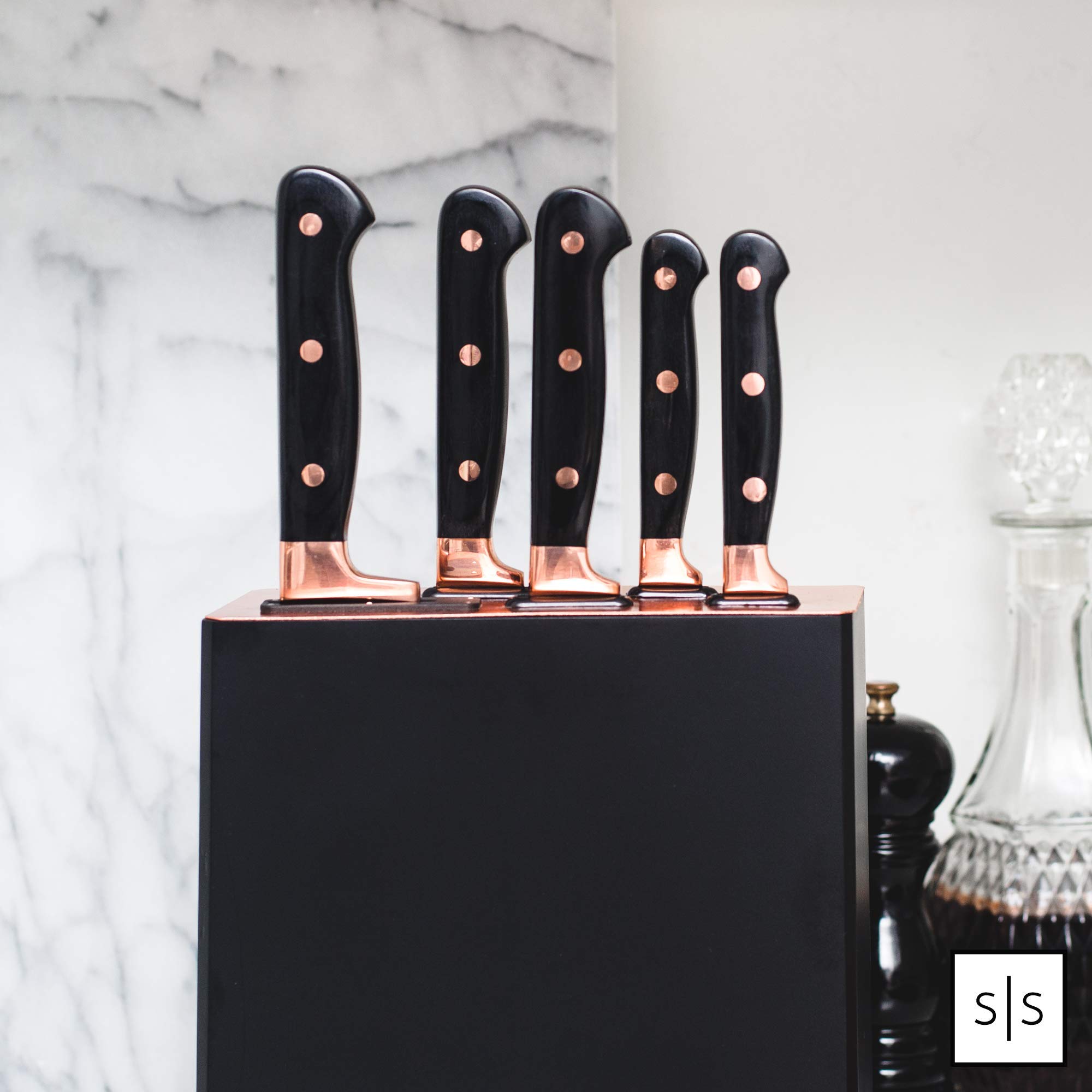 Copper Knife Set, A Knife Set with Sharpener Built-In, Upright 7-Piece Rose Gold Knife Set - Self Sharpening Knife Set With Block, Rose Gold Kitchen Accessories