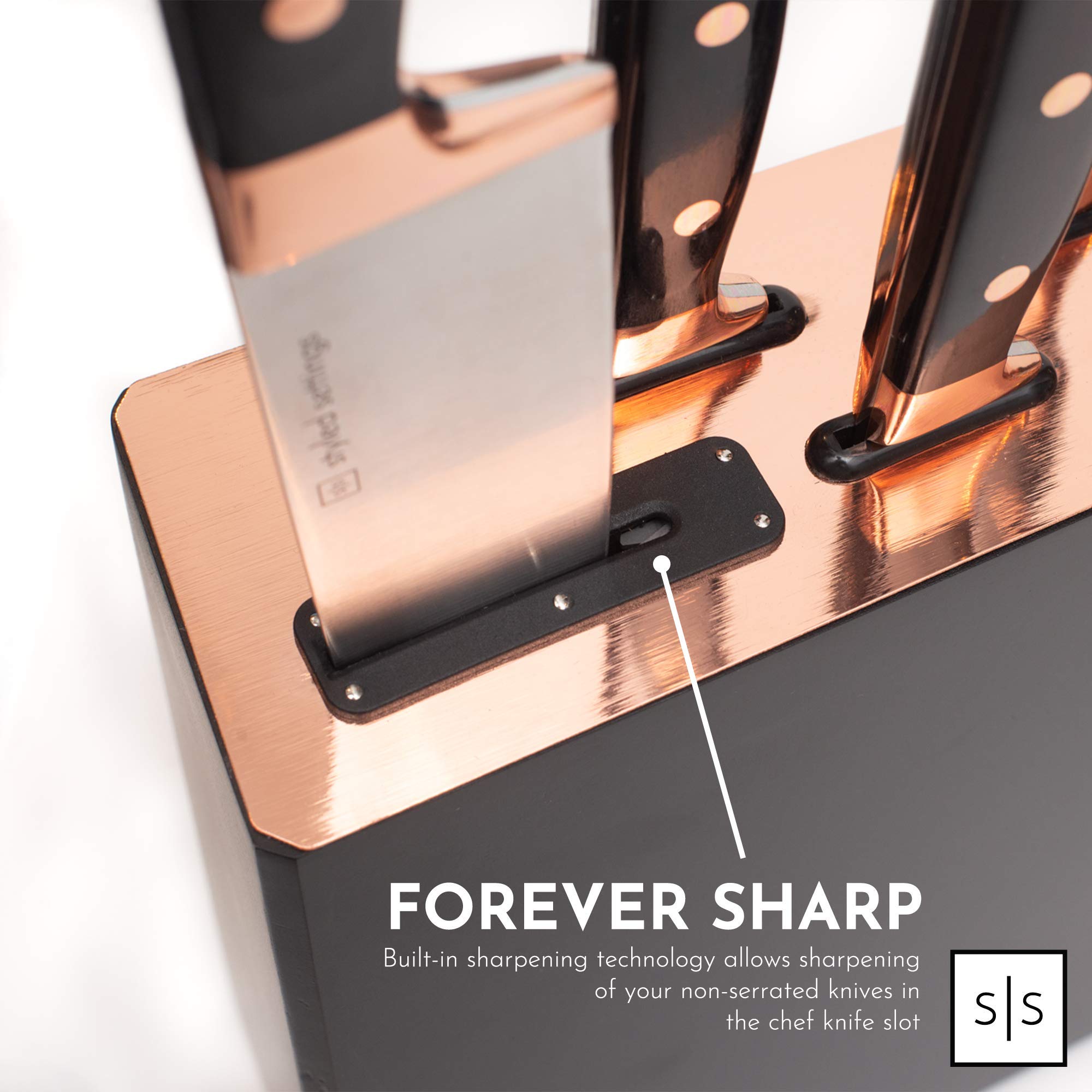 Copper Knife Set, A Knife Set with Sharpener Built-In, Upright 7-Piece Rose Gold Knife Set - Self Sharpening Knife Set With Block, Rose Gold Kitchen Accessories