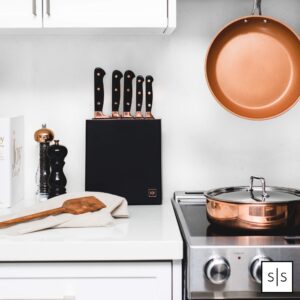 Copper Knife Set, A Knife Set with Sharpener Built-In, Upright 7-Piece Rose Gold Knife Set - Self Sharpening Knife Set With Block, Rose Gold Kitchen Accessories