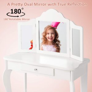 Costzon Kids Wooden Vanity Table & Stool Set, 2 in 1 Detachable Design with Dressing Table and Writing Desk, Princess Makeup Dressing Table with Two 180° Folding Mirror, for Girls, Kids (White)