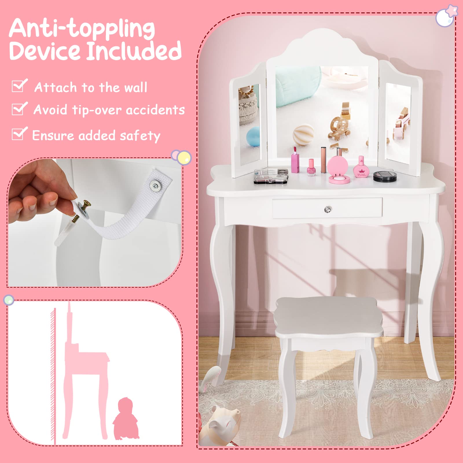 Costzon Kids Wooden Vanity Table & Stool Set, 2 in 1 Detachable Design with Dressing Table and Writing Desk, Princess Makeup Dressing Table with Two 180° Folding Mirror, for Girls, Kids (White)