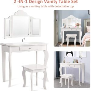 Costzon Kids Wooden Vanity Table & Stool Set, 2 in 1 Detachable Design with Dressing Table and Writing Desk, Princess Makeup Dressing Table with Two 180° Folding Mirror, for Girls, Kids (White)