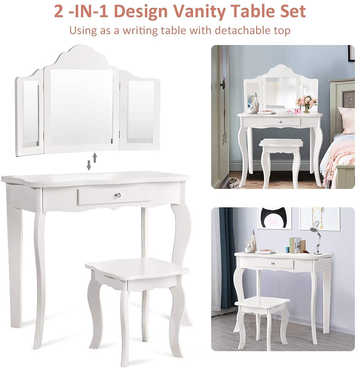 Costzon Kids Wooden Vanity Table & Stool Set, 2 in 1 Detachable Design with Dressing Table and Writing Desk, Princess Makeup Dressing Table with Two 180° Folding Mirror, for Girls, Kids (White)