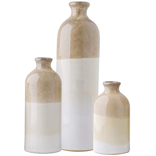 TERESA'S COLLECTIONS Beige Vase Set, Rustic Farmhouse Ceramic Vases for Mantel Decor, Decorative Flower Vases for Centerpieces, Shelf, Living Room, Ideal Gifts for Fathers Day and Dad-Set of 3, 10"