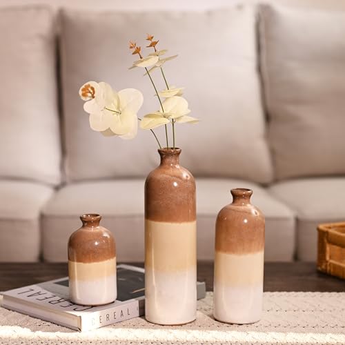 TERESA'S COLLECTIONS Beige Vase Set, Rustic Farmhouse Ceramic Vases for Mantel Decor, Decorative Flower Vases for Centerpieces, Shelf, Living Room, Ideal Gifts for Fathers Day and Dad-Set of 3, 10"