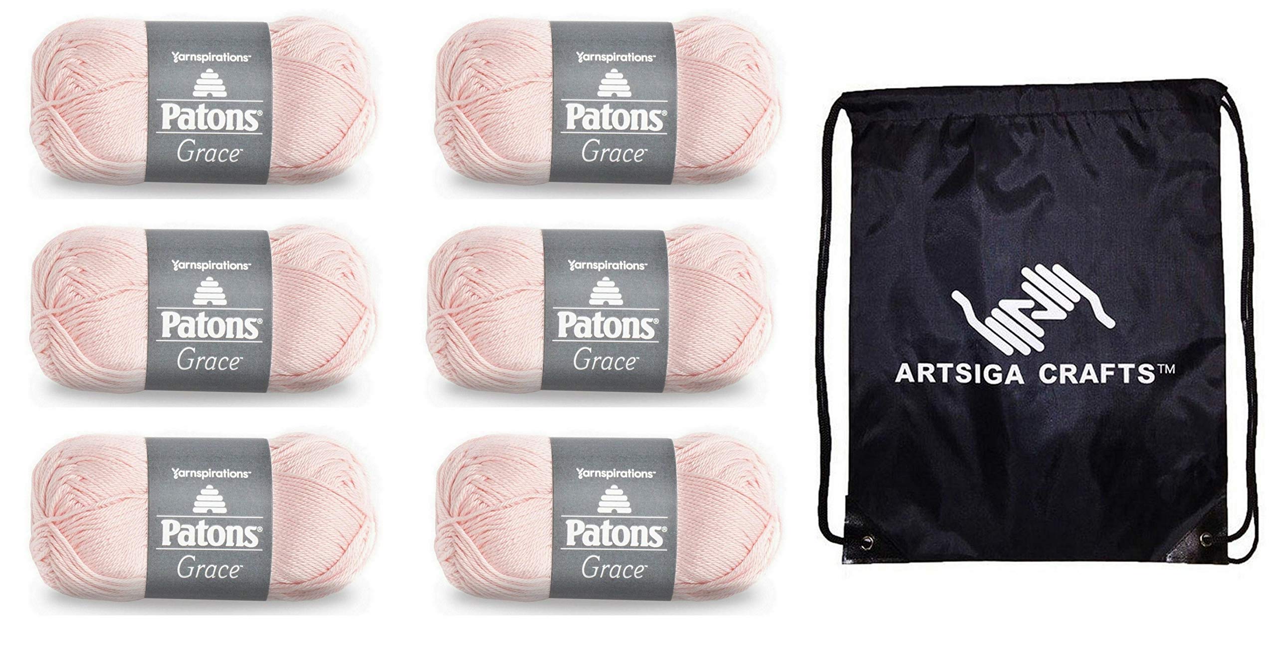 Patons Grace Blush 246062-62416 (6-Pack - Same Dye Lot) DK Light Worsted #3 Cotton Yarn for Crocheting and Knitting - Bundle with 1 Artsiga Crafts Project Bag