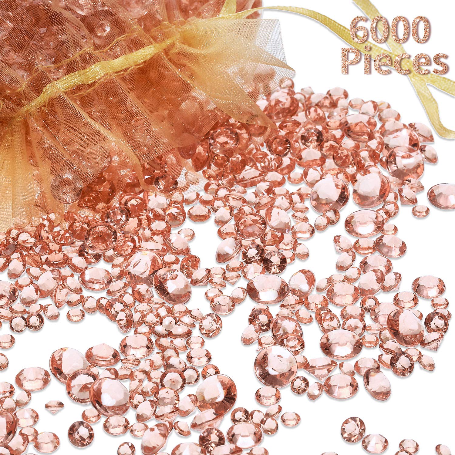 Hicarer Rose Gold Diamonds Table Acrylic Crystal Scatter Gems for Vase Filler Wedding Birthday Party Table Decorations 4 Sizes (Rose Gold,6000 Pieces)