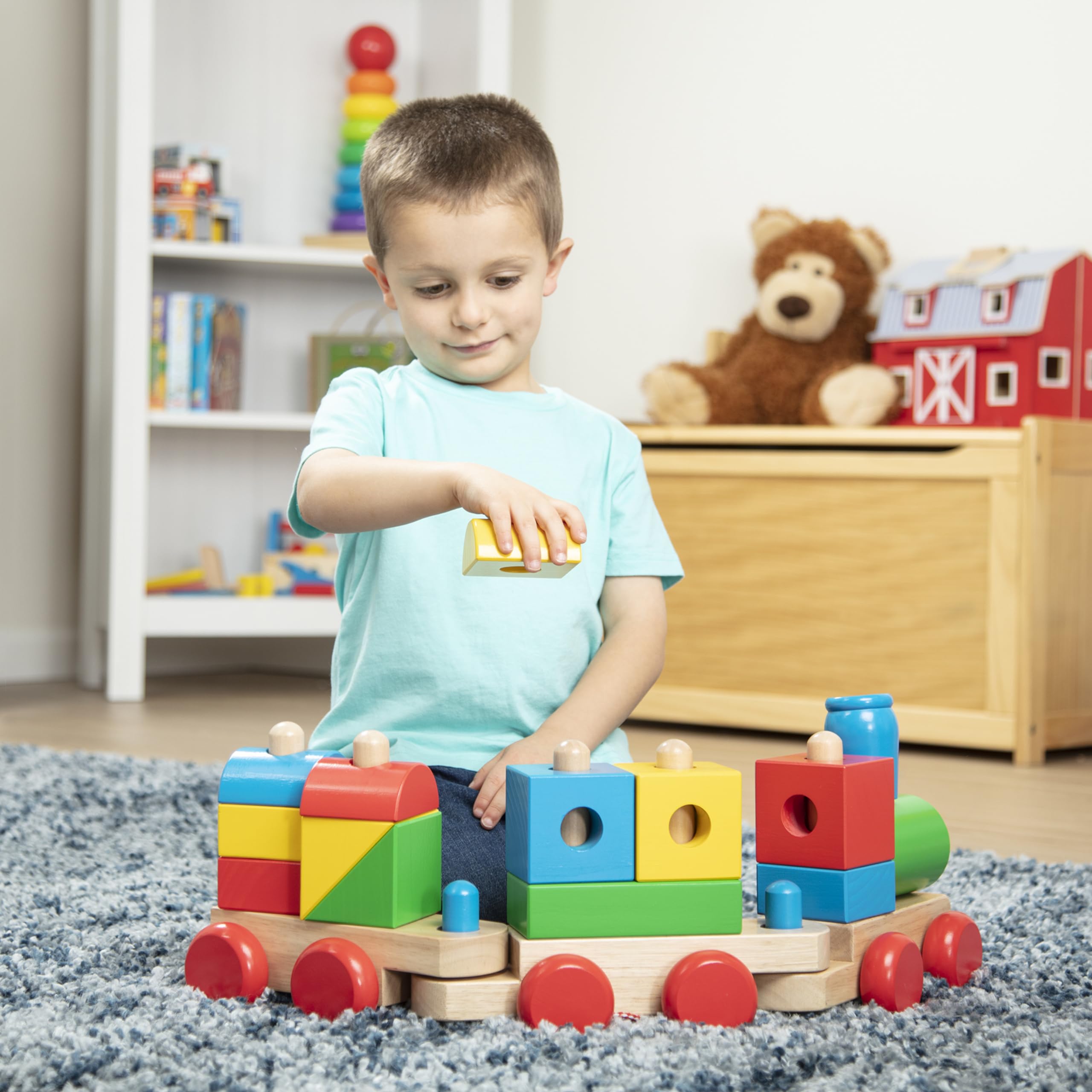 Melissa & Doug Wooden Jumbo Stacking Train – 4-Color Classic Wooden Toddler Toy (17 pcs)