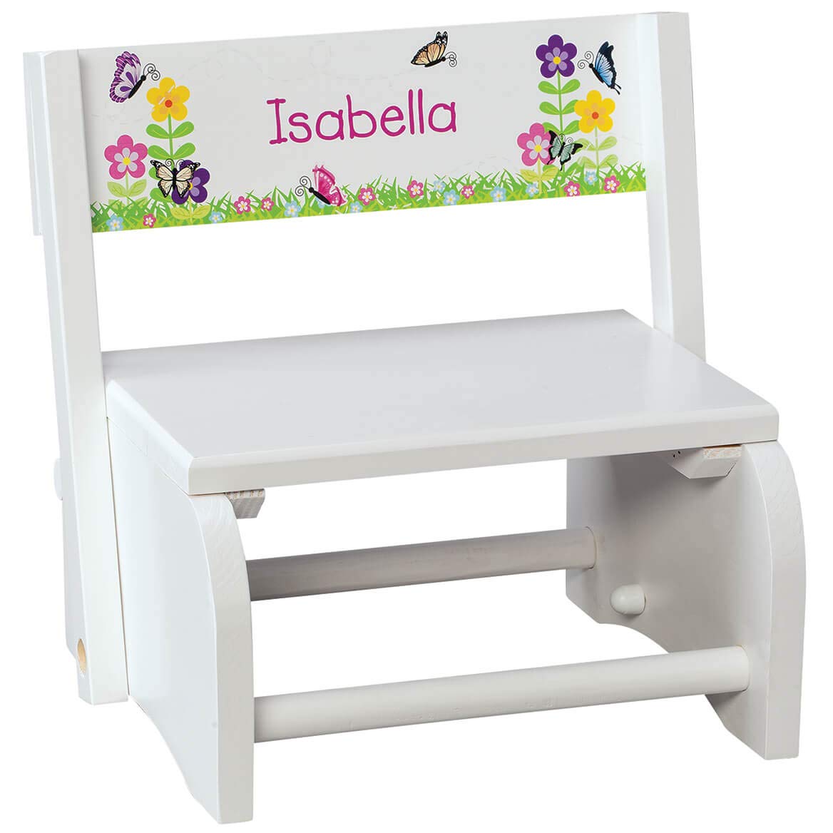 Fox Valley Traders Personalized Children's 2-in-1 Step Stool and Chair, White Wood, Butterfly & Flower Design with Custom Name