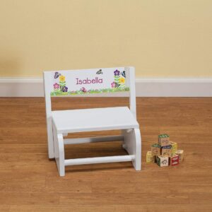 Fox Valley Traders Personalized Children's 2-in-1 Step Stool and Chair, White Wood, Butterfly & Flower Design with Custom Name