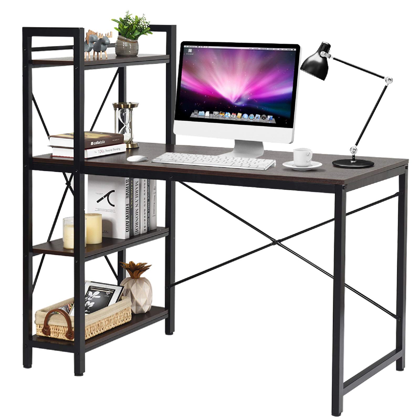 Tangkula Computer Desk with 4 Tier Shelves, Study Writing Table with Storage Bookshelves, Modern Compact Home Office Workstation, 47.5" Tower Desk with Steel Frame & Adjustable Feet Pad, Walnut