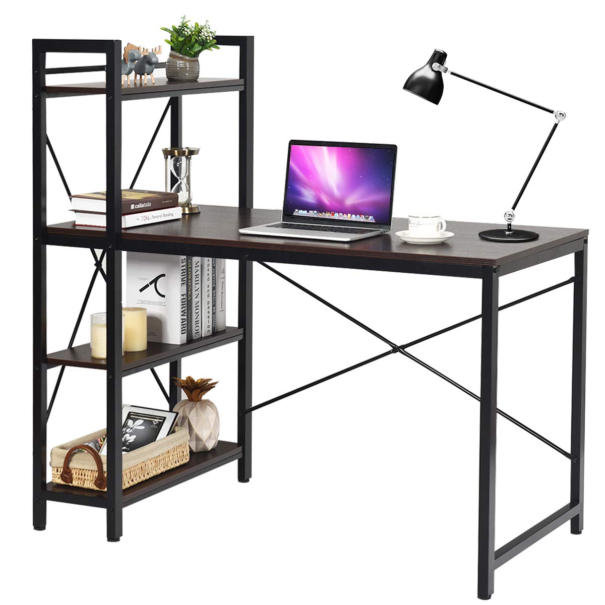 Tangkula Computer Desk with 4 Tier Shelves, Study Writing Table with Storage Bookshelves, Modern Compact Home Office Workstation, 47.5" Tower Desk with Steel Frame & Adjustable Feet Pad, Walnut