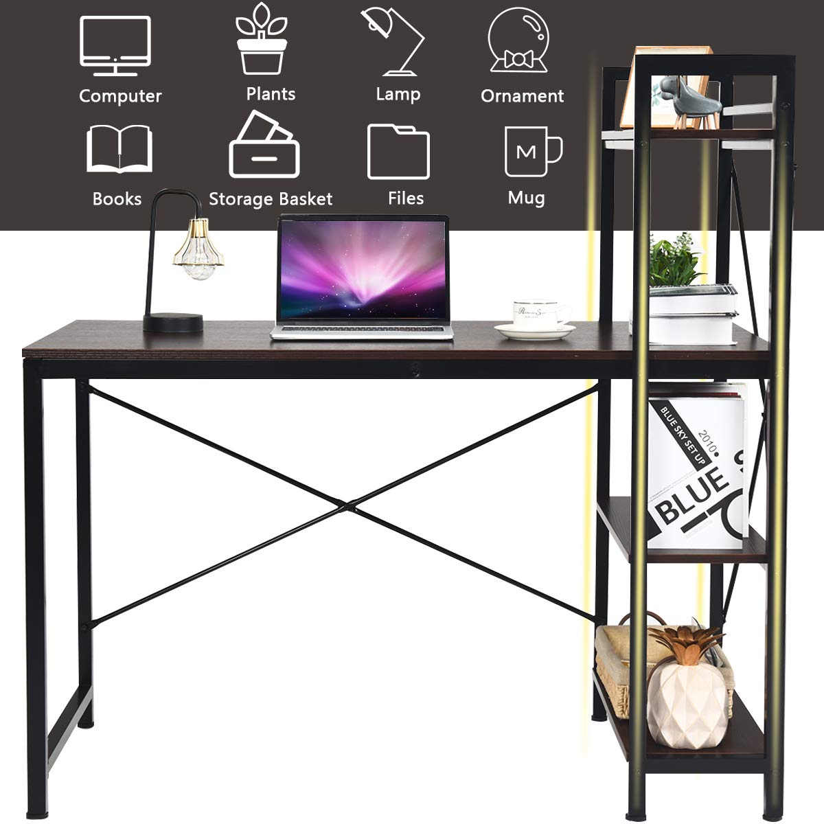 Tangkula Computer Desk with 4 Tier Shelves, Study Writing Table with Storage Bookshelves, Modern Compact Home Office Workstation, 47.5" Tower Desk with Steel Frame & Adjustable Feet Pad, Walnut