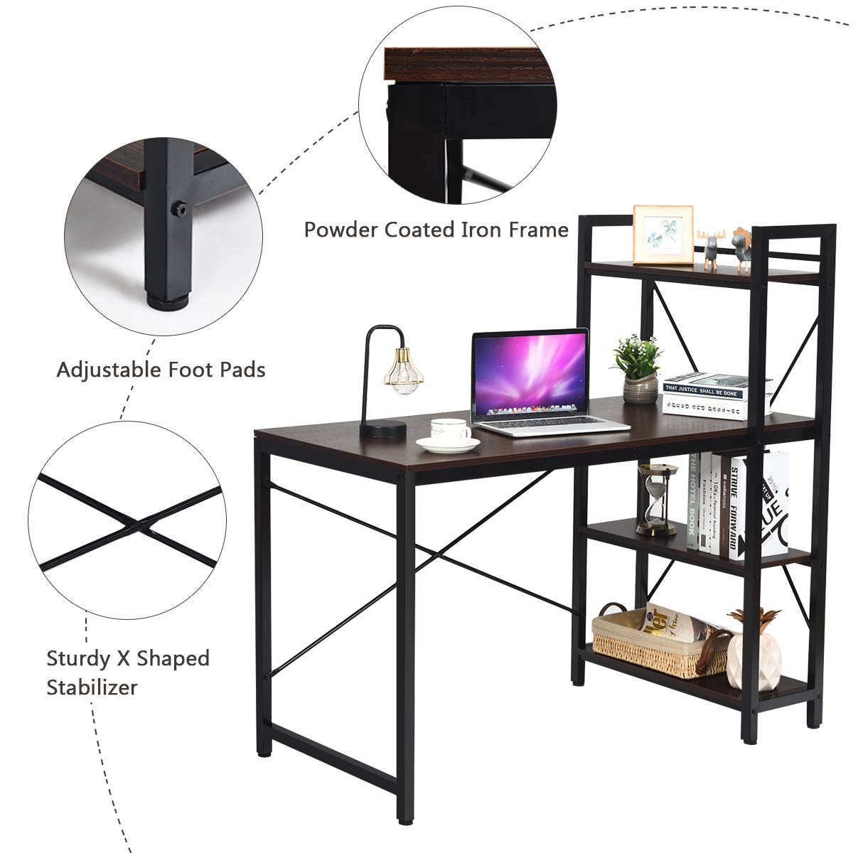 Tangkula Computer Desk with 4 Tier Shelves, Study Writing Table with Storage Bookshelves, Modern Compact Home Office Workstation, 47.5" Tower Desk with Steel Frame & Adjustable Feet Pad, Walnut