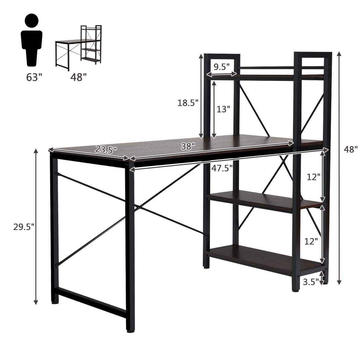 Tangkula Computer Desk with 4 Tier Shelves, Study Writing Table with Storage Bookshelves, Modern Compact Home Office Workstation, 47.5" Tower Desk with Steel Frame & Adjustable Feet Pad, Walnut