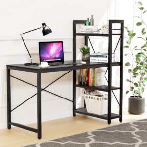 Tangkula Computer Desk with 4 Tier Shelves, Study Writing Table with Storage Bookshelves, Modern Compact Home Office Workstation, 47.5" Tower Desk with Steel Frame & Adjustable Feet Pad, Walnut