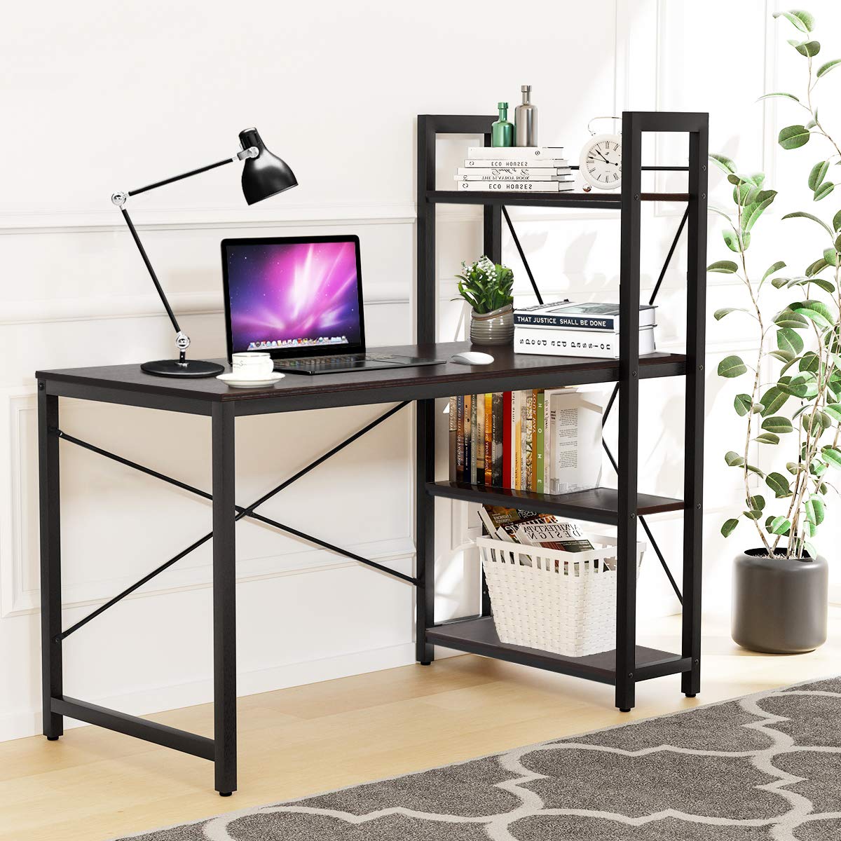 Tangkula Computer Desk with 4 Tier Shelves, Study Writing Table with Storage Bookshelves, Modern Compact Home Office Workstation, 47.5" Tower Desk with Steel Frame & Adjustable Feet Pad, Walnut