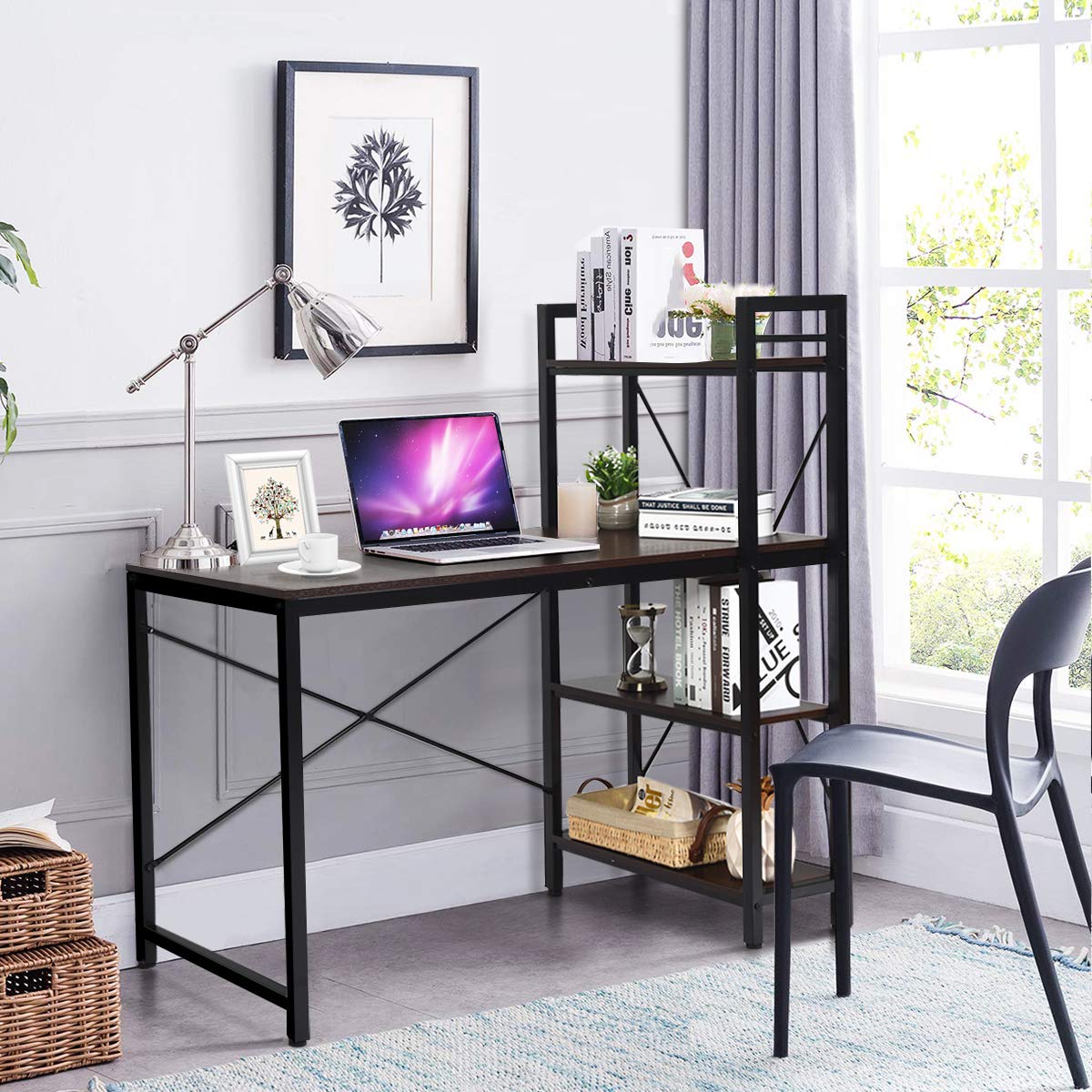 Tangkula Computer Desk with 4 Tier Shelves, Study Writing Table with Storage Bookshelves, Modern Compact Home Office Workstation, 47.5" Tower Desk with Steel Frame & Adjustable Feet Pad, Walnut