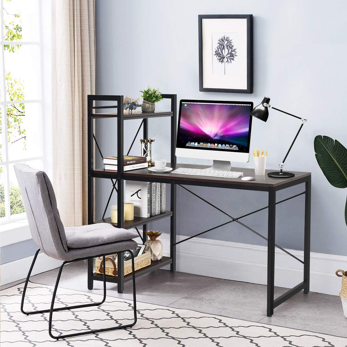 Tangkula Computer Desk with 4 Tier Shelves, Study Writing Table with Storage Bookshelves, Modern Compact Home Office Workstation, 47.5" Tower Desk with Steel Frame & Adjustable Feet Pad, Walnut