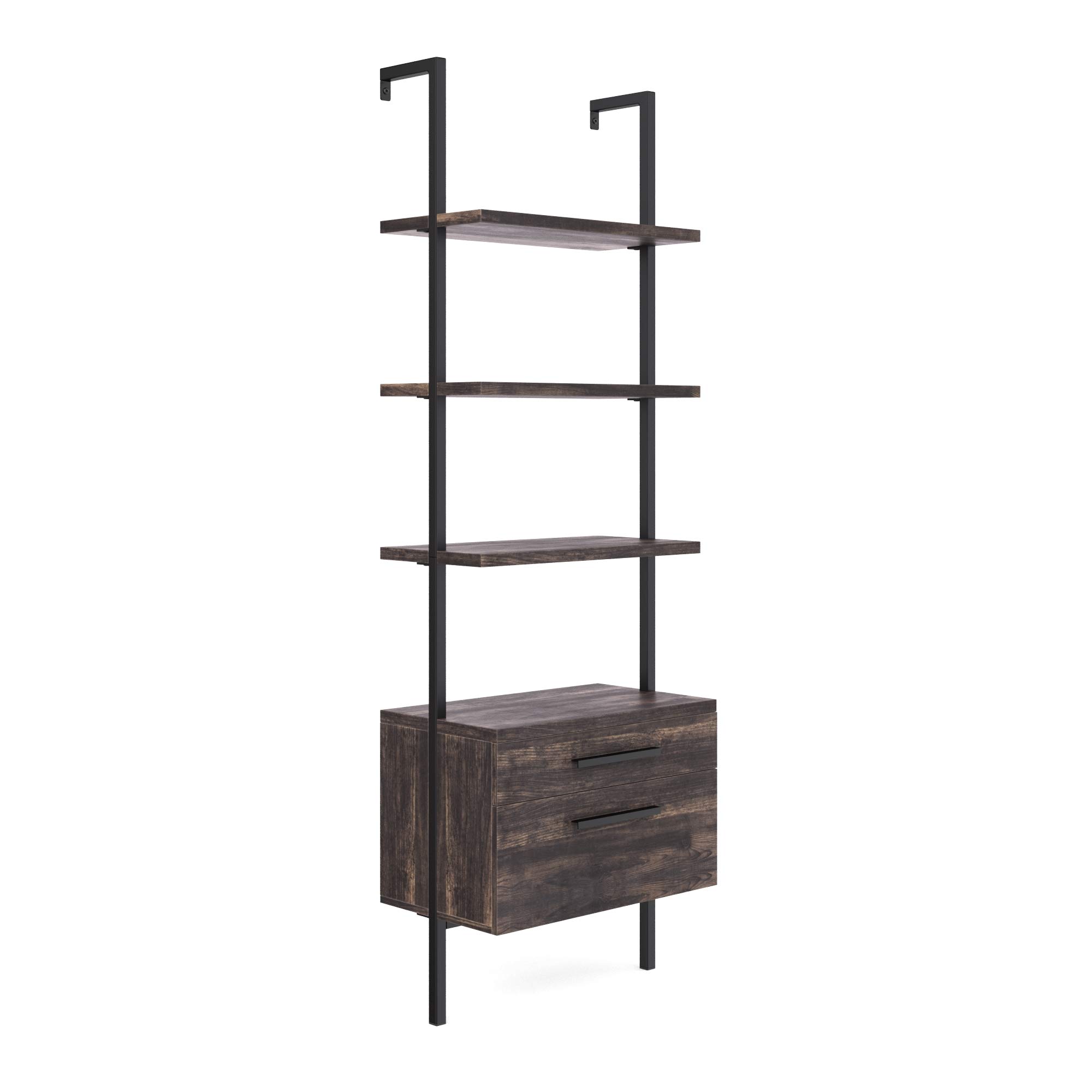 Nathan James Theo Industrial Bookshelf with Wood Drawers and Matte Steel Frame, 3-Shelf, Nutmeg/Black