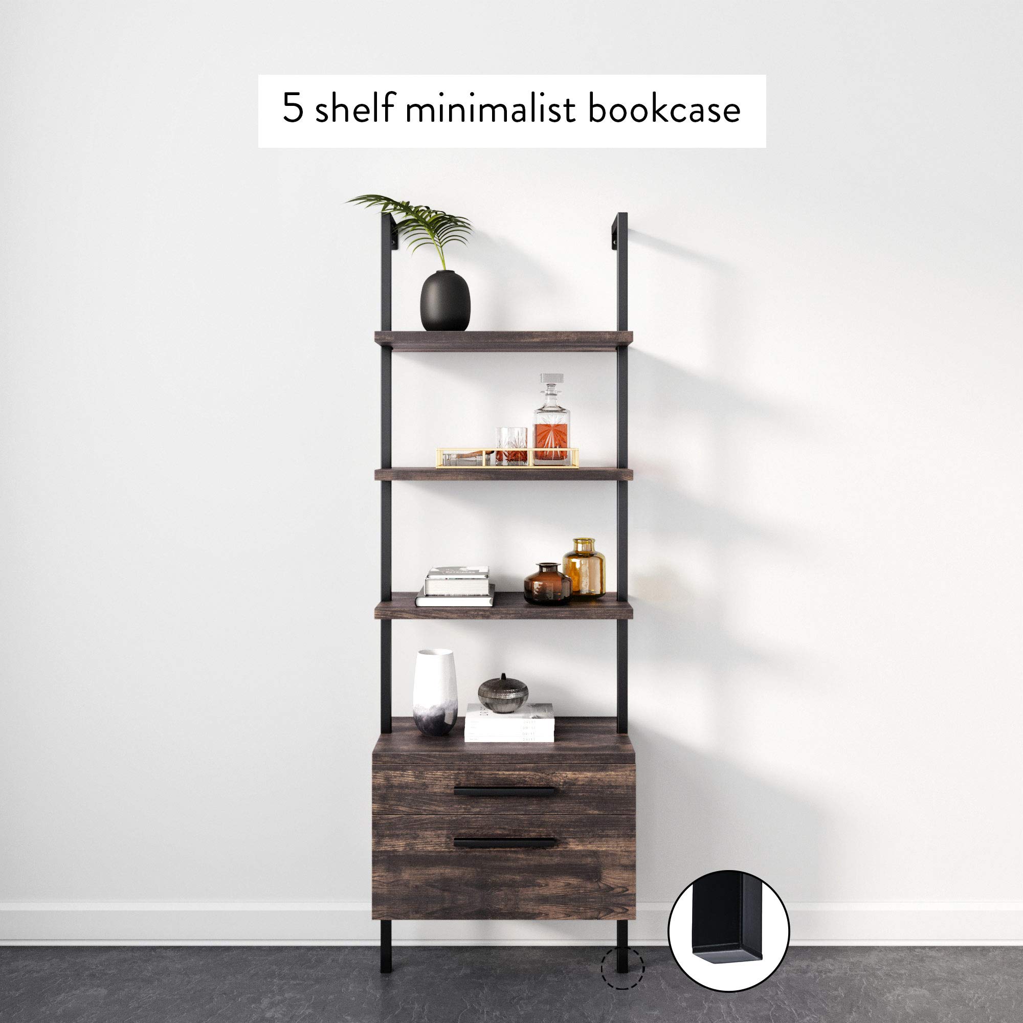 Nathan James Theo Industrial Bookshelf with Wood Drawers and Matte Steel Frame, 3-Shelf, Nutmeg/Black