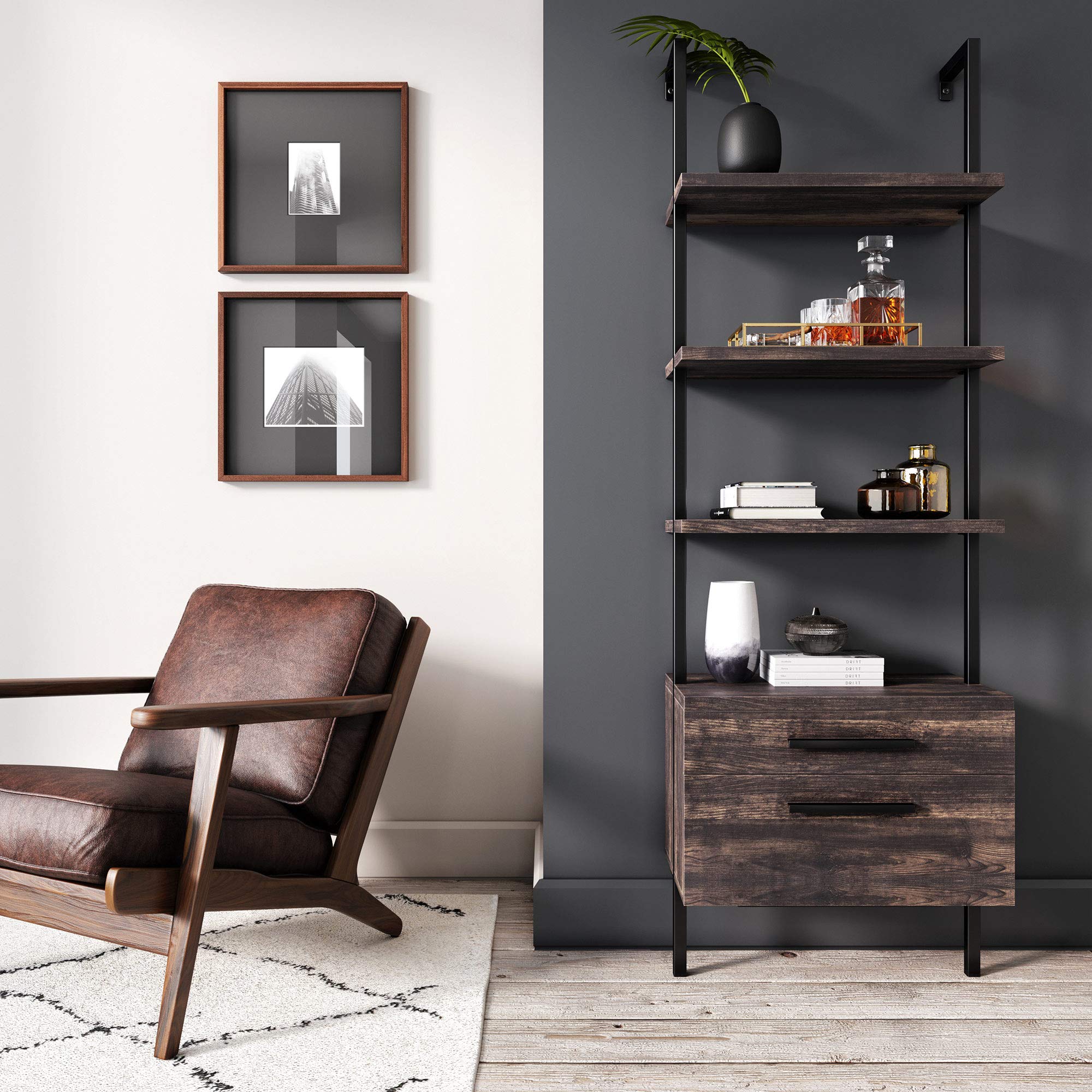 Nathan James Theo Industrial Bookshelf with Wood Drawers and Matte Steel Frame, 3-Shelf, Nutmeg/Black