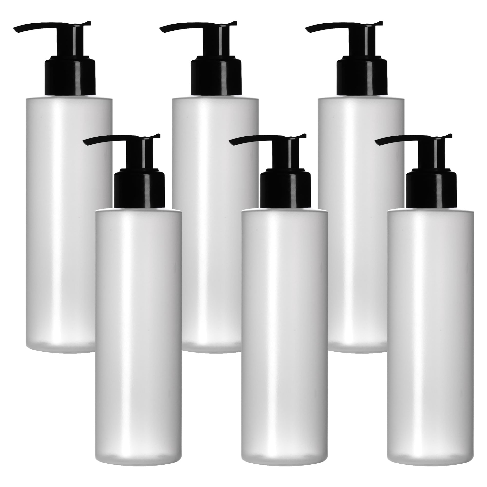 IMPRESA 6 Pack 8 Oz Plastic Pump Dispenser Bottles for Lotion, Massage Oil, Shampoo and More! - Refillable, BPA Free Clear/Frosted Empty 8oz Containers - Fit Into Holsters, Bulk