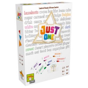 just one party game (white box) | cooperative board game for adults and kids | fun games for family game night | ages 8 and up | 3-7 players | average playtime 20 minutes | made by repos production