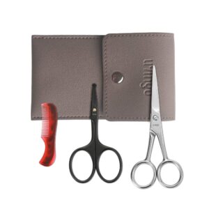 livingo 4.5 inches beard & mustache scissors for men, professional rounded tip safety sharp stainless steel small beauty facial nose hair trimming shears kit with mini comb and leather case