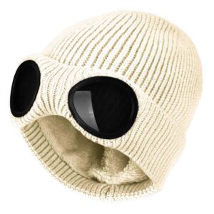 belsen unisex goggle knitted beanie hat windproof warm winter skull cap (beige)