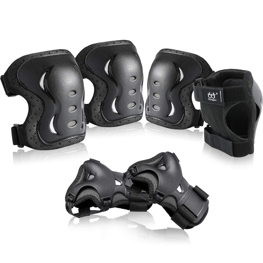 Kids/Adult/Youth Knee and Elbow Pads with Wrist Guards 3 in 1 Protective Gear Set for Skateboarding Cycling BMX Bike Scooter Skating Rollerblading Riding (Black, Medium (8-14 Years))