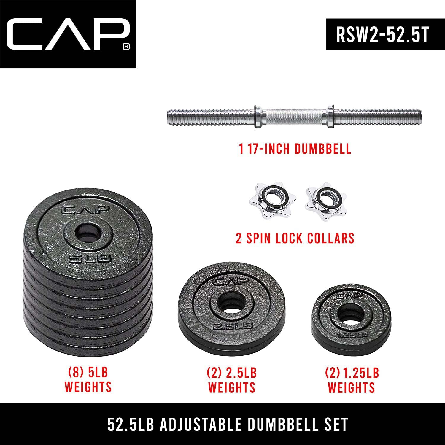 CAP Barbell 52.5-Pound Adjustable Dumbbell Set, Single, Black