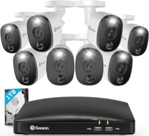 swann home dvr security camera system with 1tb hdd, 8 channel 8 camera, 1080p full hd video, indoor or outdoor wired surveillance cctv, color night vision, heat motion detection, led lights, 845808