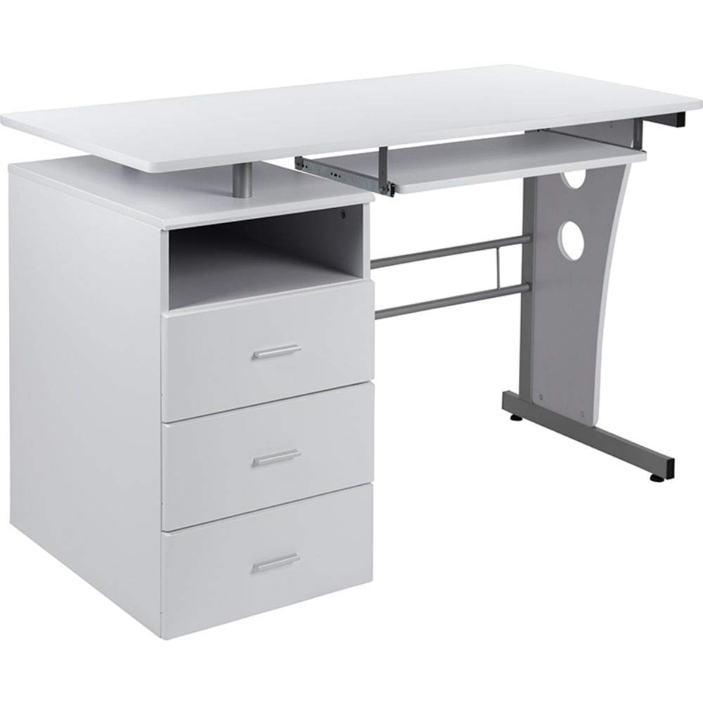 Flash Furniture Joshua White Desk with Three Drawer Pedestal and Pull-Out Keyboard Tray