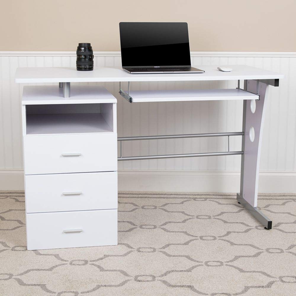 Flash Furniture Joshua White Desk with Three Drawer Pedestal and Pull-Out Keyboard Tray