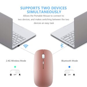 QIJIAYI 2.4GHz Wireless Bluetooth Mouse,Dual Mode Slim Rechargeable Wireless Mouse Silent USB Mice, 3 Adjustable DPI,Compatible for Laptop Windows MacBook Android MAC PC Computer (Rose Gold)