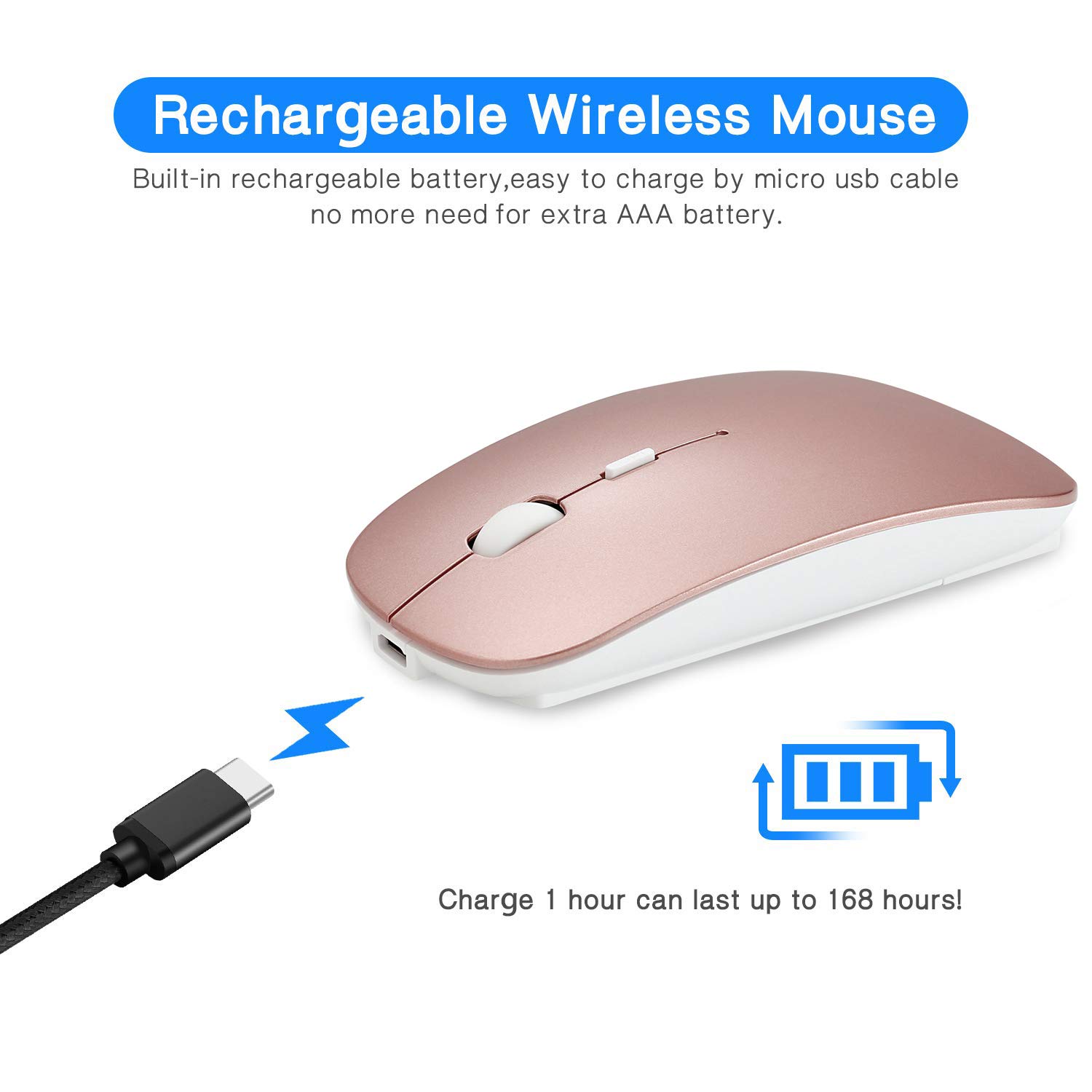 QIJIAYI 2.4GHz Wireless Bluetooth Mouse,Dual Mode Slim Rechargeable Wireless Mouse Silent USB Mice, 3 Adjustable DPI,Compatible for Laptop Windows MacBook Android MAC PC Computer (Rose Gold)