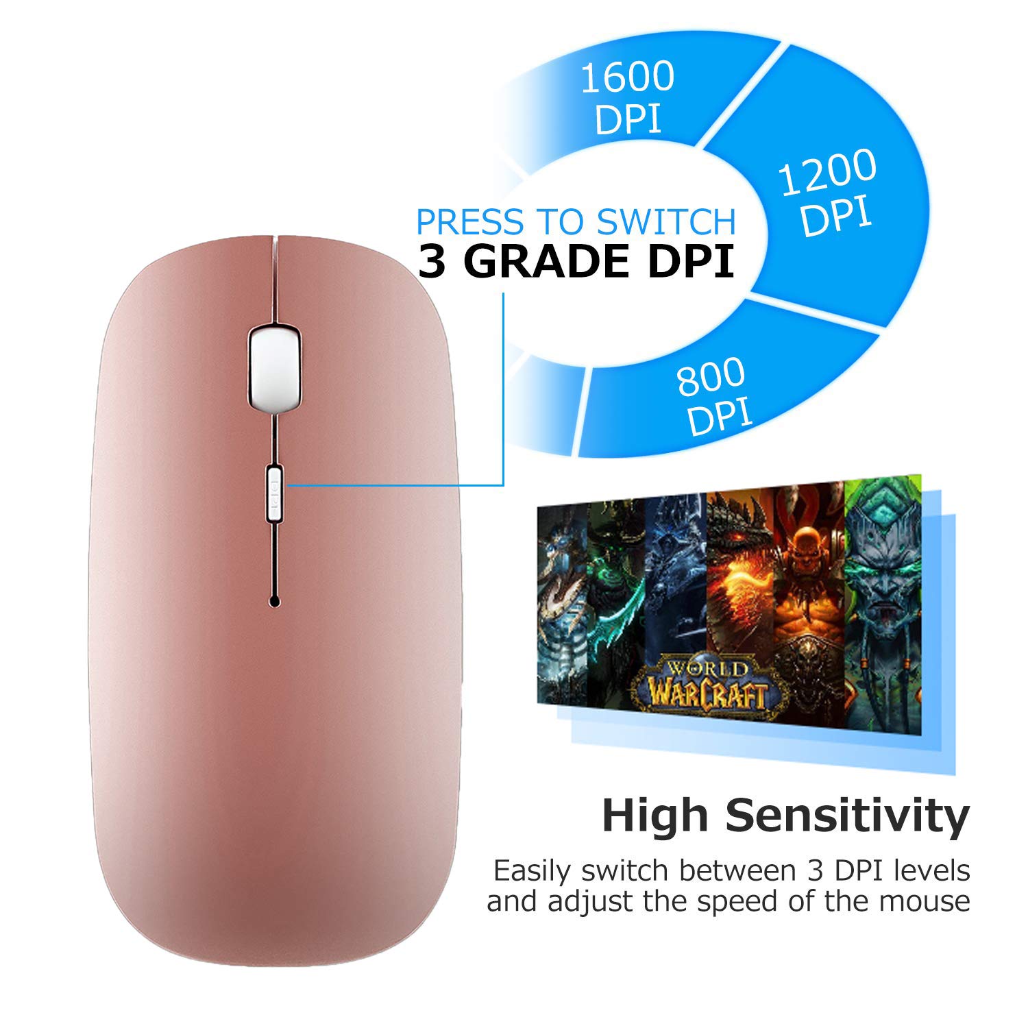 QIJIAYI 2.4GHz Wireless Bluetooth Mouse,Dual Mode Slim Rechargeable Wireless Mouse Silent USB Mice, 3 Adjustable DPI,Compatible for Laptop Windows MacBook Android MAC PC Computer (Rose Gold)