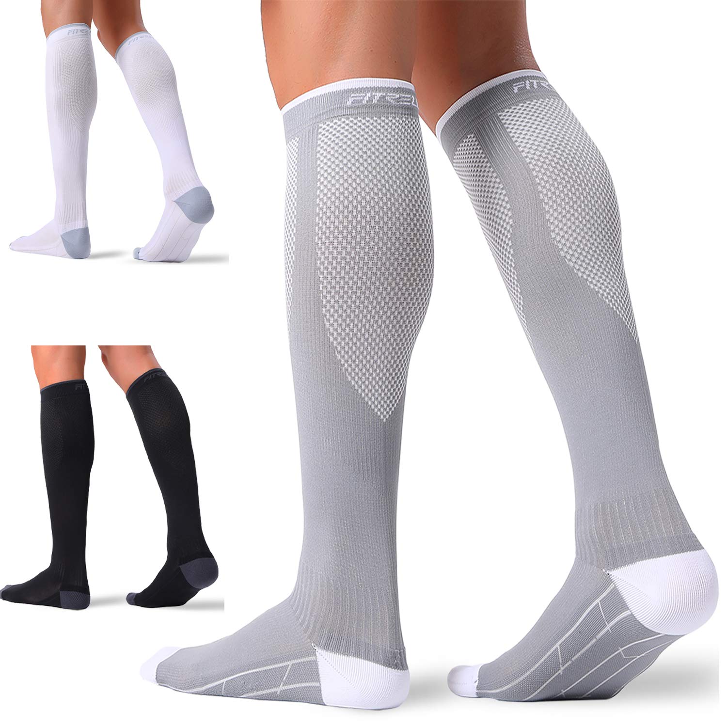 FITRELL 3 Pairs Compression Socks for Women and Men 20-30mmHg- Circulation and Muscle Support Socks for Travel, Running, Nurse, Black+White+Grey L/XL