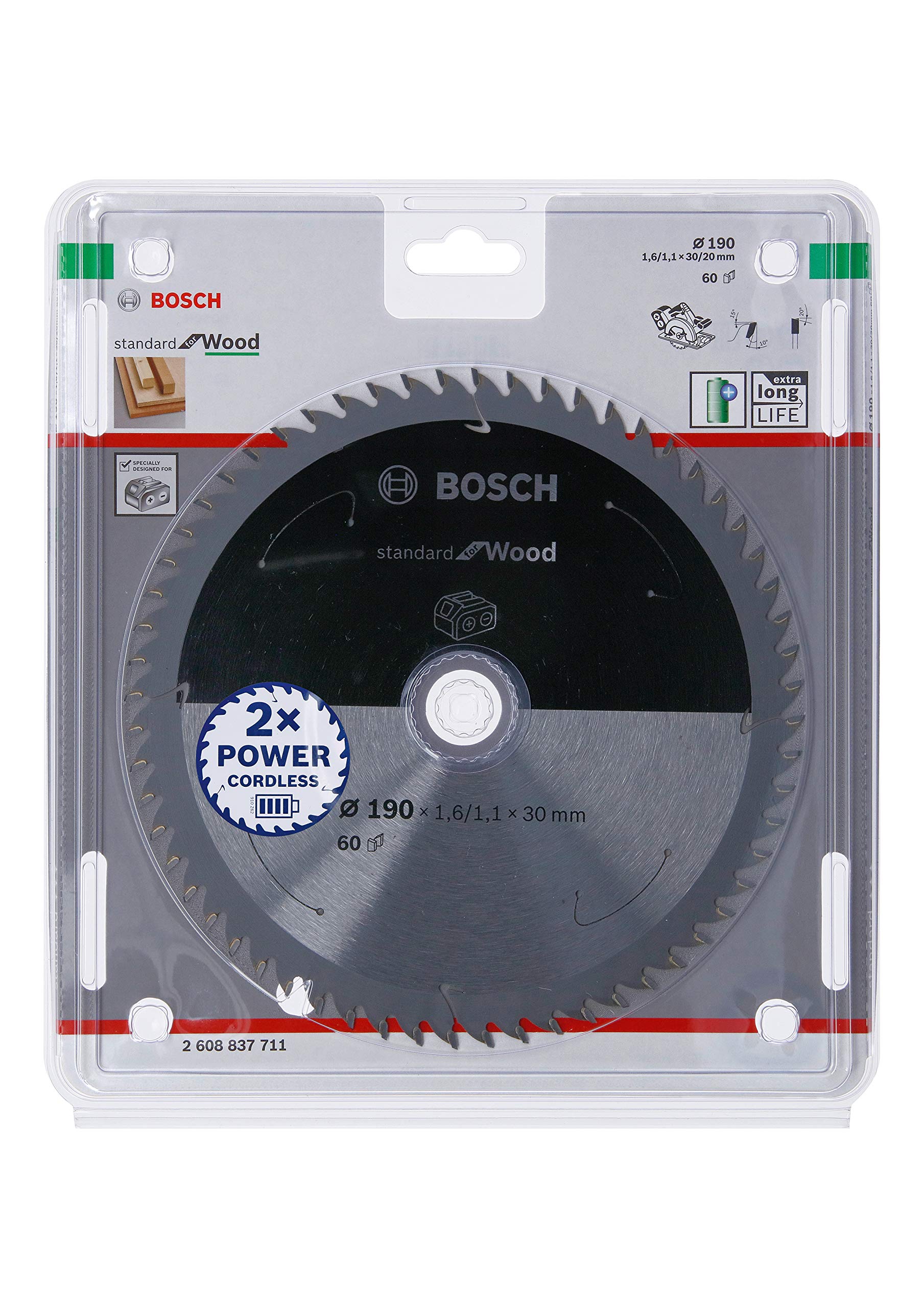 Bosch Professional 2608837711 Circular Saw Blade Standard for Wood (Wood, 190 x 30 x 1.6 mm, 60 Teeth, Accessory, Circular Saw)