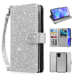 newseego compatible iphone 11 pro max leather case 6.5 inch,glitter faux pu leather magnetic closure multi-credit card slot cash holder detachable 2 in 1 wallet cover with wrist strap-silver