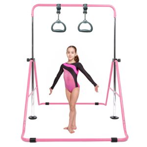 amrta gymnastics bars for home with rings set pink, adjustable height training balance kip monkey bar folding horizontal gymnastic equipment, for kids children junior toddler baby ages 3-10