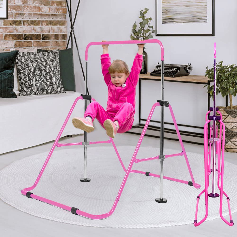 AMRTA Gymnastics Bars for Home with Rings Set Pink, Adjustable Height Training Balance Kip Monkey Bar Folding Horizontal Gymnastic Equipment, for Kids Children Junior Toddler Baby Ages 3-10